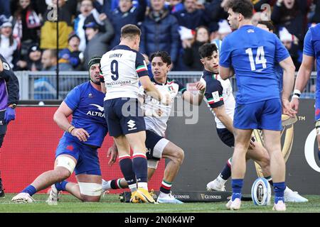 Ange Capuozzo of Italy celebrates after scoring a try during the 2023 ...