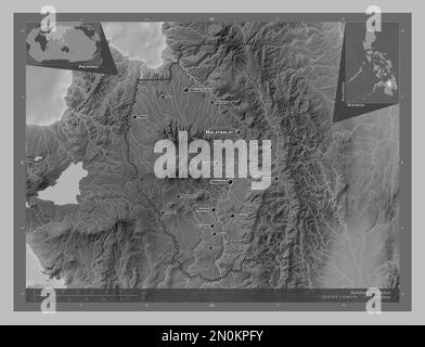 Bukidnon, province of Philippines. Grayscale elevation map with lakes ...