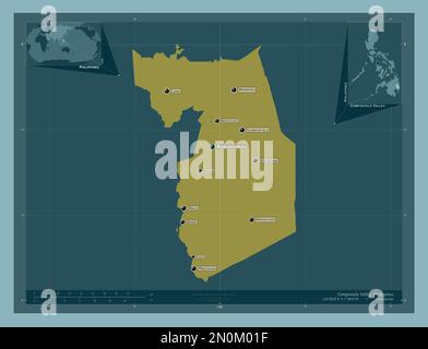 Bataan, province of Philippines. Solid color shape. Locations of major ...