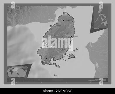 Guimaras, province of Philippines. Grayscale elevation map with lakes ...