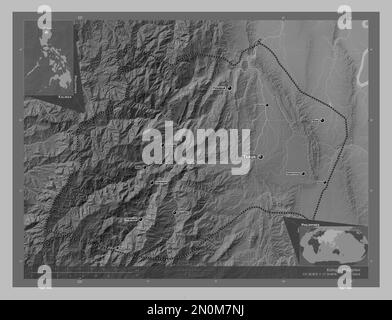 Kalinga, province of Philippines. Grayscale elevation map with lakes ...