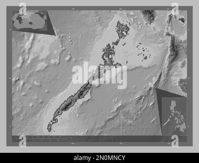 Palawan, province of Philippines. Grayscale elevation map with lakes ...