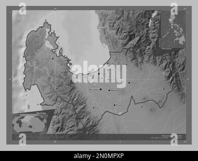 Pangasinan, province of Philippines. Grayscale elevation map with lakes ...