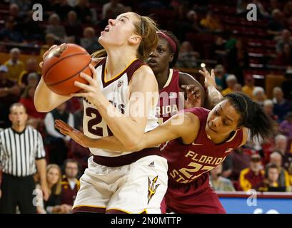 Arizona State forward Sophie Brunner (21) shoots over UCLA forward ...