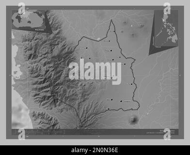 Tarlac, province of Philippines. Grayscale elevation map with lakes and ...