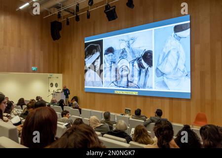 Dr. Hosni Alkhativ Shahada speaks about Palestinian art during a ...