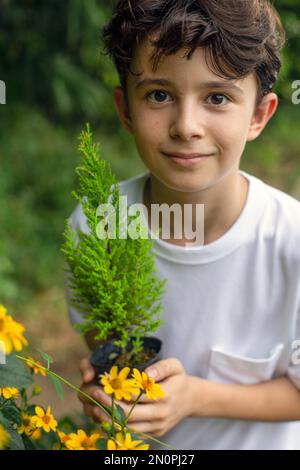 A boy holding a small tree sapling in a pot, standing in a garden Stock ...