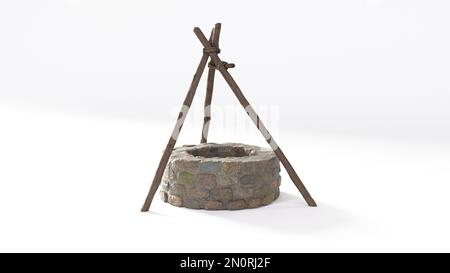 Ancient and magical wishing well, build with wooden logs and strands ...