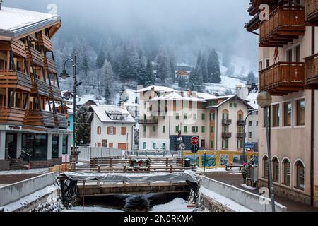 Moena, Dolomites, Italy, January 16th 2023. Fresh morning snow on the ...