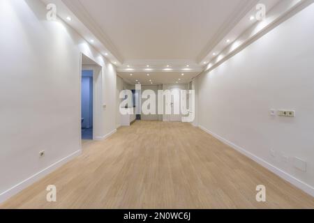 totally empty living room with light yellow painted walls, plaster ...