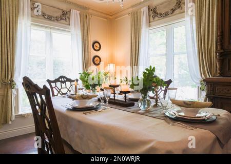 Set antique wooden dining table with 1850s dishes and hand sculptured ...
