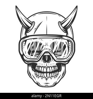 Skull with horns in safety glasses and wood lumberjack or construction ...