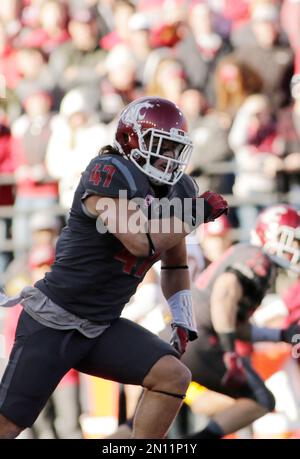 Washington State linebacker Peyton Pelluer (47) stands on the field ...