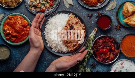 Indian ethnic food buffet on white concrete table top view copy space ...