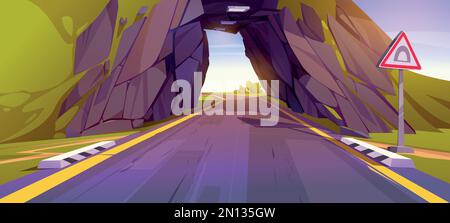 Cartoon road going through tunnel in mountain. Vector illustration of ...
