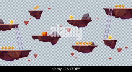 Flying rock islands vector game space background landscape. Cartoon ...