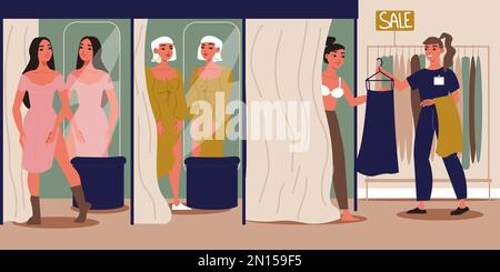 Fashionable boutique store background with fitting room flat vector ...