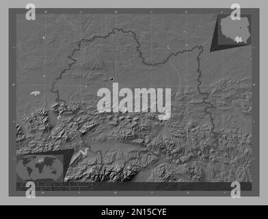 Malopolskie, voivodeship|province of Poland. Elevation map colored in sepia tones with lakes and ...
