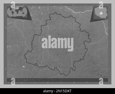 Lodzkie, voivodeship|province of Poland. Grayscale elevation map with lakes and rivers. Corner ...