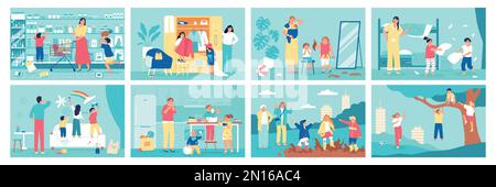 Flat childhood pranks set with parents and playful children making mess ...