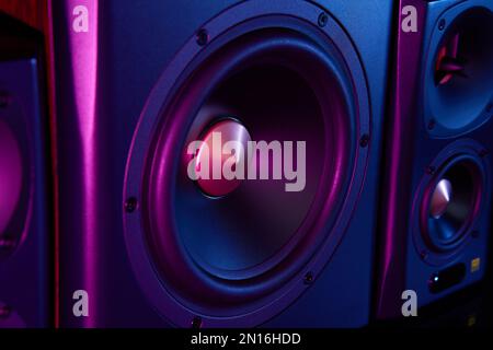 Multimedia acoustic sound speakers with neon lighting. Sound audio ...