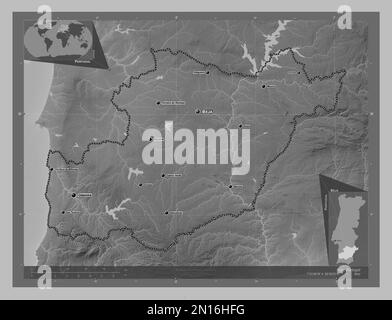 Beja, district of Portugal. Grayscale elevation map with lakes and ...