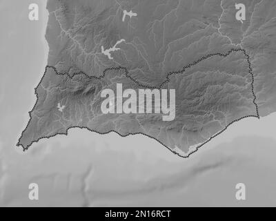 Faro, district of Portugal. Grayscale elevation map with lakes and ...
