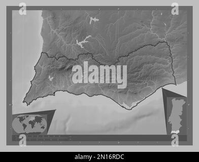Faro, district of Portugal. Grayscale elevation map with lakes and ...