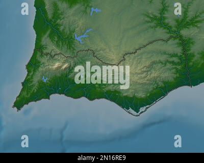 Faro, district of Portugal. Colored elevation map with lakes and rivers ...