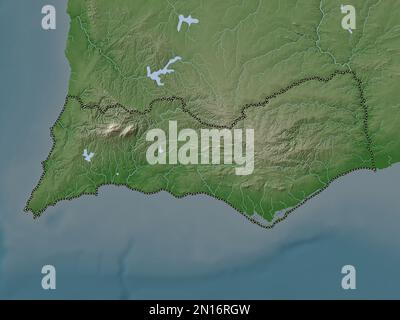 Faro, district of Portugal. Colored elevation map with lakes and rivers ...