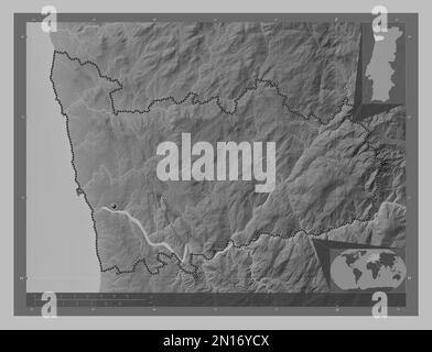 Porto, district of Portugal. Grayscale elevation map with lakes and ...
