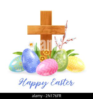 Happy easter, wooden cross and floral blooming lilies, Easter. symbol of Christianity hand drawn ...