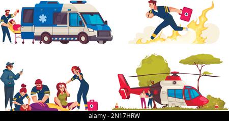 Emergency cartoon compositions set with rescue and ambulance workers ...
