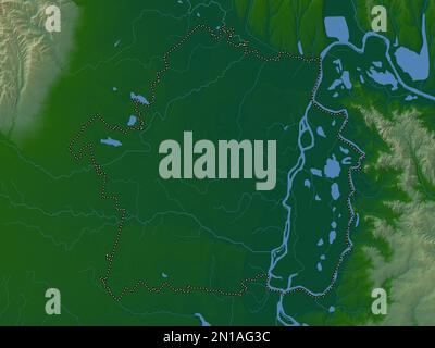 Braila, county of Romania. Colored elevation map with lakes and rivers ...
