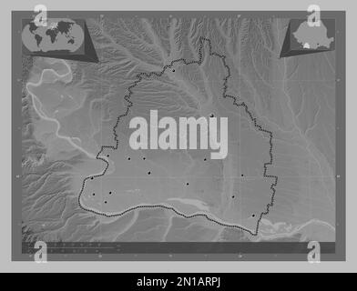 Dolj, county of Romania. Grayscale elevation map with lakes and rivers ...