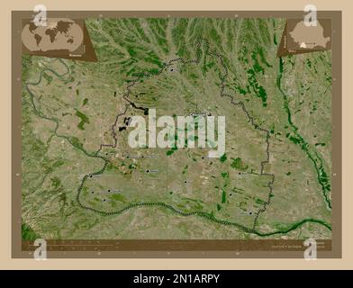 Dolj, county of Romania. Low resolution satellite map. Corner auxiliary ...