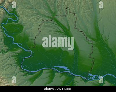 Dolj, county of Romania. Colored elevation map with lakes and rivers ...