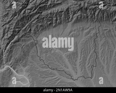 Gorj, county of Romania. Grayscale elevation map with lakes and rivers ...