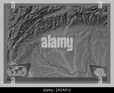 Gorj, county of Romania. Grayscale elevation map with lakes and rivers ...