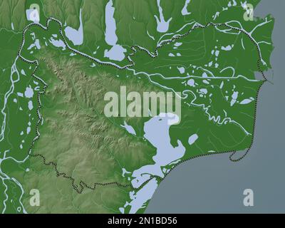 Tulcea, county of Romania. Colored elevation map with lakes and rivers ...