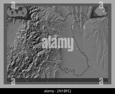 Vrancea, county of Romania. Bilevel elevation map with lakes and rivers ...