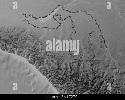 Adygey, republic of Russia. Grayscale elevation map with lakes and ...