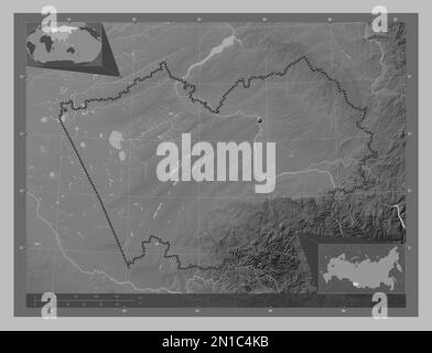 Altay, territory of Russia. Grayscale elevation map with lakes and ...
