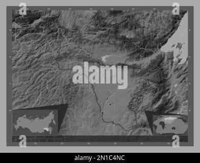 Amur, region of Russia. Bilevel elevation map with lakes and rivers ...