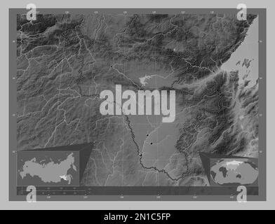 Amur, region of Russia. Grayscale elevation map with lakes and rivers ...