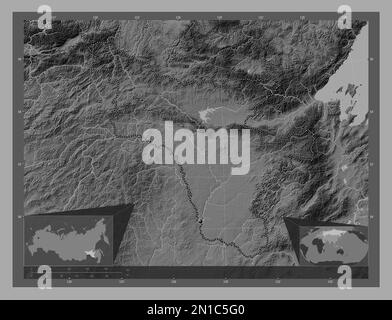 Amur, region of Russia. Bilevel elevation map with lakes and rivers ...
