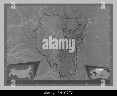 Bashkortostan, republic of Russia. Grayscale elevation map with lakes ...