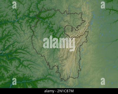 Bashkortostan, republic of Russia. Colored elevation map with lakes and ...