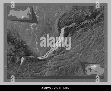 Buryat, republic of Russia. Grayscale elevation map with lakes and ...