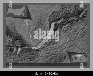 Buryat, republic of Russia. Bilevel elevation map with lakes and rivers ...